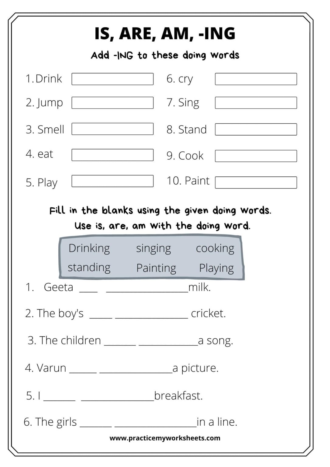 Grammar For Class1 - Is, Are, Am, ing | Free Worksheets